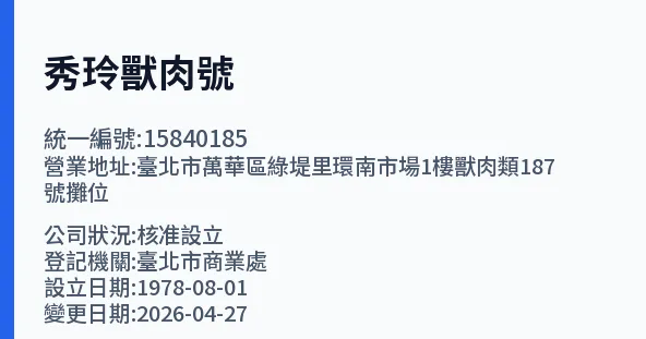 秀玲獸肉號的照片-統編 15840185(臺北市) 公司登記資料與營業項目詳細圖表