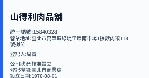 山得利肉品舖的照片-統編 15840328(臺北市) 公司登記資料與營業項目詳細圖表