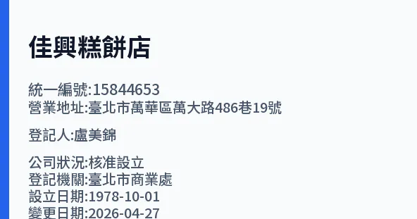佳興糕餅店的照片-統編 15844653(臺北市) 公司登記資料與營業項目詳細圖表