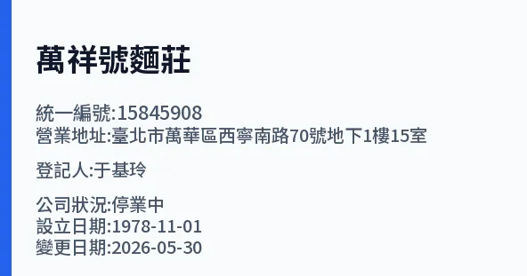 萬祥號麵莊的照片-統編 15845908(臺北市) 公司登記資料與營業項目詳細圖表
