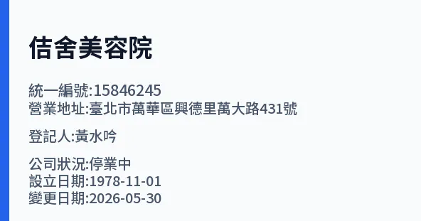 佶舍美容院的照片-統編 15846245(臺北市) 公司登記資料與營業項目詳細圖表