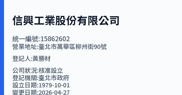 信興工業股份有限公司的照片-統編 15862602(臺北市) 公司登記資料與營業項目詳細圖表