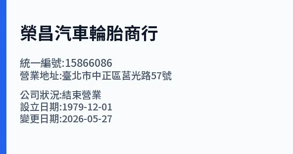 榮昌汽車輪胎商行的照片-統編 15866086(臺北市) 公司登記資料與營業項目詳細圖表
