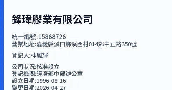 鋒瑋膠業有限公司的照片-統編 15868726(嘉義縣) 公司登記資料與營業項目詳細圖表