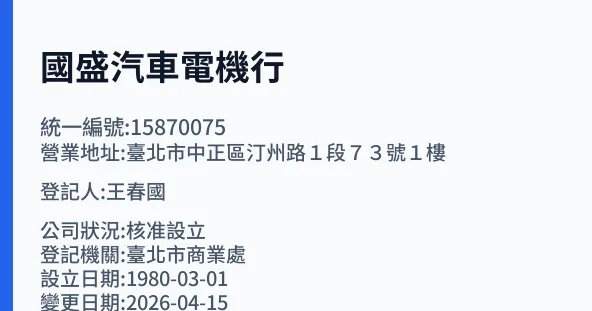 國盛汽車電機行的照片-統編 15870075(臺北市) 公司登記資料與營業項目詳細圖表