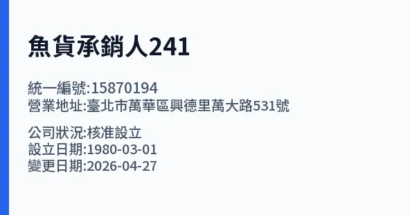 魚貨承銷人241的照片-統編 15870194(臺北市) 公司登記資料與營業項目詳細圖表