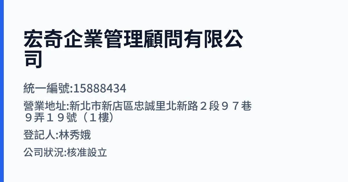 宏奇企業管理顧問有限公司 - 統編 15888434(新北市) 公司登記資料與營業項目詳細圖表