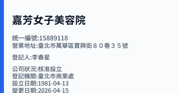 嘉芳女子美容院的照片-統編 15889118(臺北市) 公司登記資料與營業項目詳細圖表