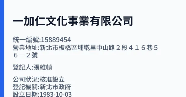一加仁文化事業有限公司的照片-統編 15889454(新北市) 公司登記資料與營業項目詳細圖表