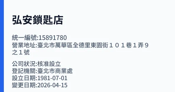 弘安鎖匙店的照片-統編 15891780(臺北市) 公司登記資料與營業項目詳細圖表