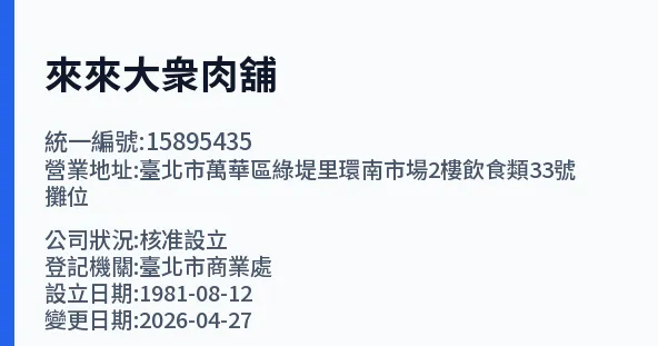 來來大衆肉舖的照片-統編 15895435(臺北市) 公司登記資料與營業項目詳細圖表