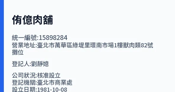 侑億肉舖的照片-統編 15898284(臺北市) 公司登記資料與營業項目詳細圖表