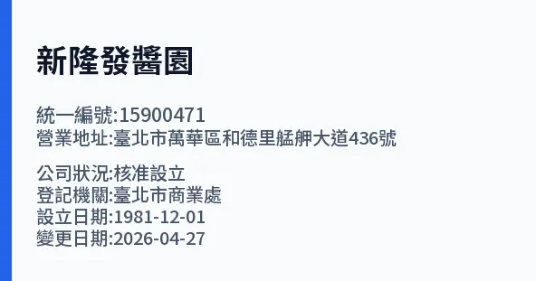 新隆發醬園的照片-統編 15900471(臺北市) 公司登記資料與營業項目詳細圖表