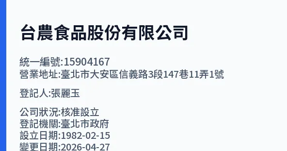 台農食品股份有限公司的照片-統編 15904167(臺北市) 公司登記資料與營業項目詳細圖表