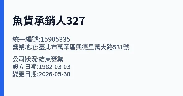 魚貨承銷人327的照片-統編 15905335(臺北市) 公司登記資料與營業項目詳細圖表