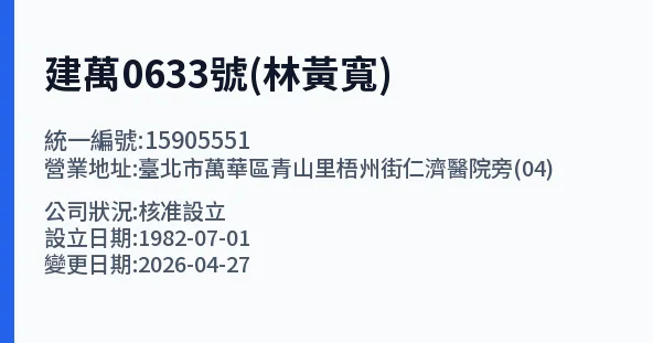 建萬0633號(林黃寬)的照片-統編 15905551(臺北市) 公司登記資料與營業項目詳細圖表