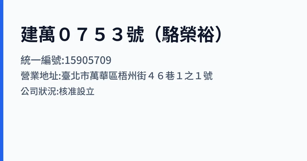 建萬０７５３號（駱榮裕） - 統編 15905709(臺北市) 公司登記資料與營業項目詳細圖表