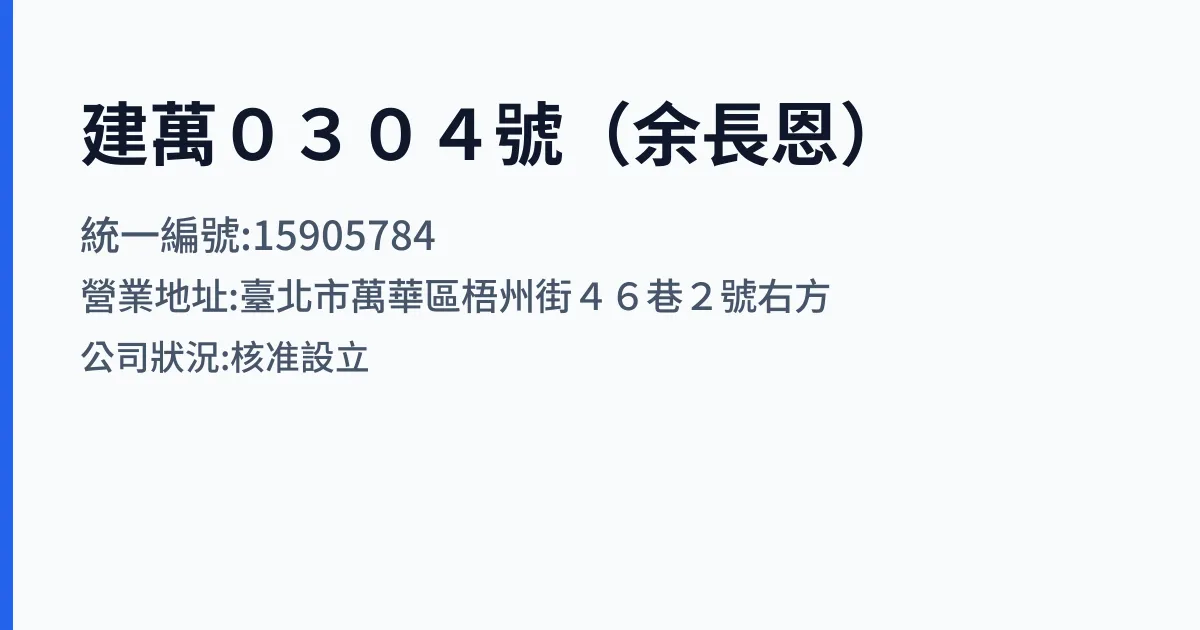 建萬０３０４號（余長恩） - 統編 15905784(臺北市) 公司登記資料與營業項目詳細圖表