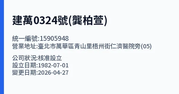 建萬0324號(龔柏萱)的照片-統編 15905948(臺北市) 公司登記資料與營業項目詳細圖表