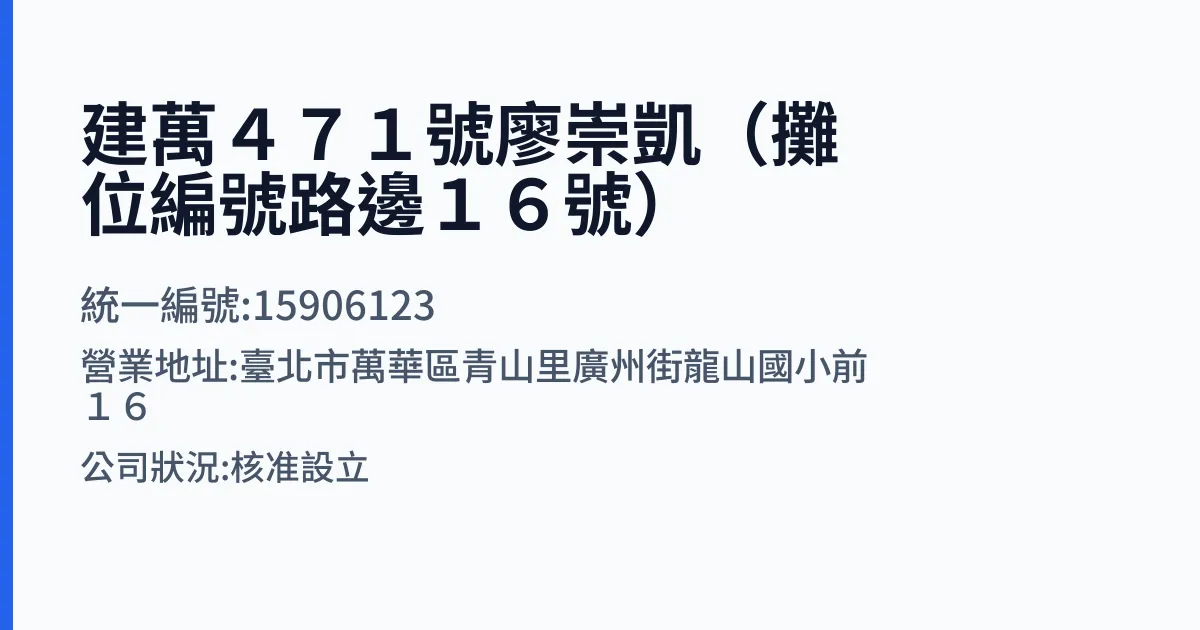 建萬471號廖崇凱(攤位編號路邊16號) - 統編 15906123(臺北市) 公司登記資料與營業項目詳細圖表