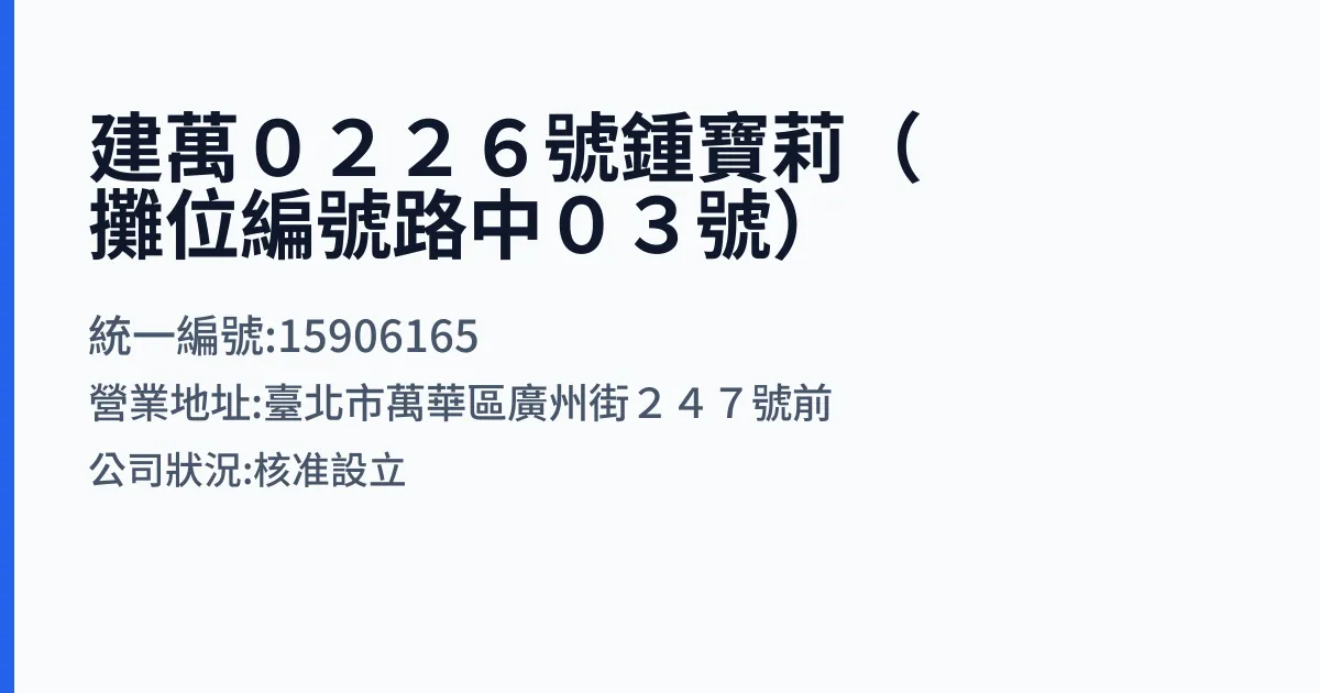 建萬0226號鍾寶莉(攤位編號路中03號) - 統編 15906165(臺北市) 公司登記資料與營業項目詳細圖表