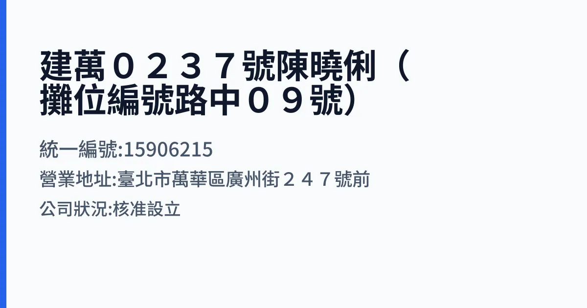 建萬0237號陳曉俐(攤位編號路中09號) - 統編 15906215(臺北市) 公司登記資料與營業項目詳細圖表