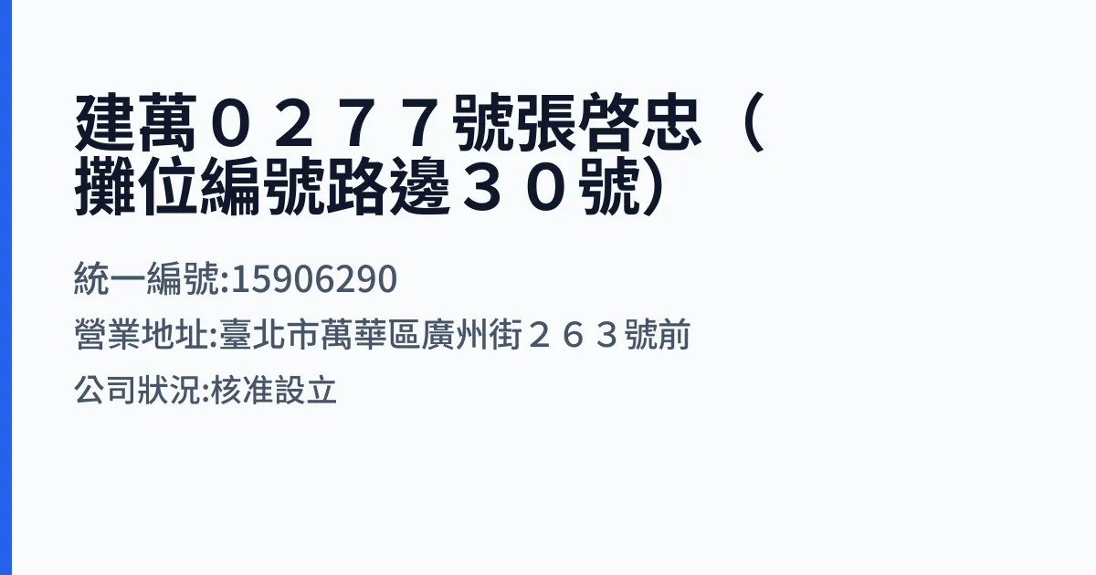 建萬０２７７號張啓忠（攤位編號路邊３０號） - 統編 15906290(臺北市) 公司登記資料與營業項目詳細圖表