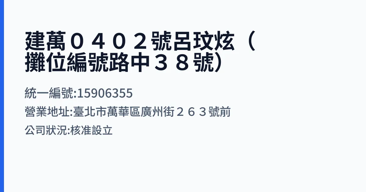 建萬０４０２號呂玟炫（攤位編號路中３８號） - 統編 15906355(臺北市) 公司登記資料與營業項目詳細圖表