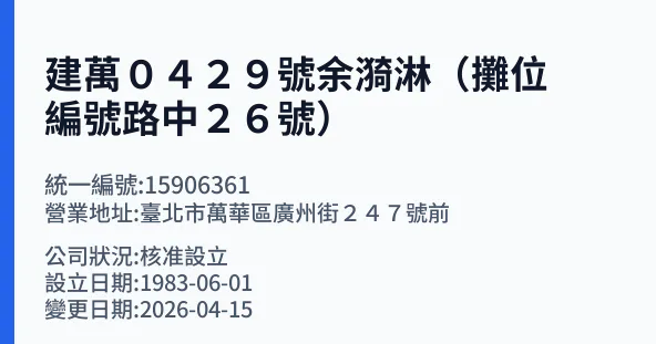 建萬０４２９號余漪淋（攤位編號路中２６號）的照片-統編 15906361(臺北市) 公司登記資料與營業項目詳細圖表
