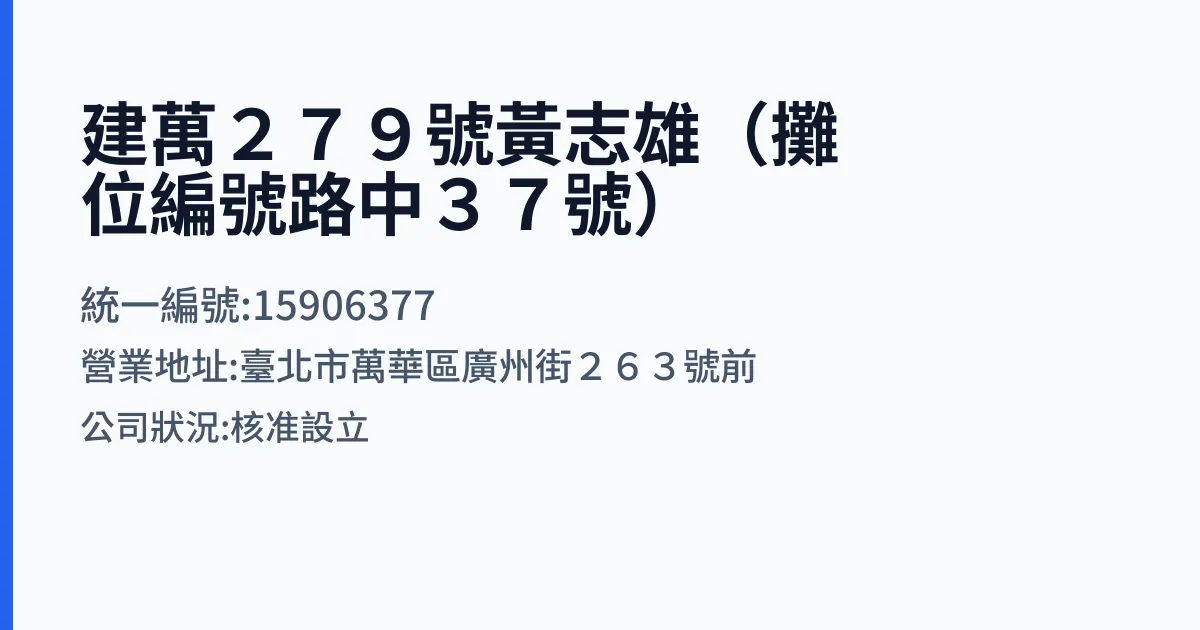 建萬279號黃志雄(攤位編號路中37號) - 統編 15906377(臺北市) 公司登記資料與營業項目詳細圖表