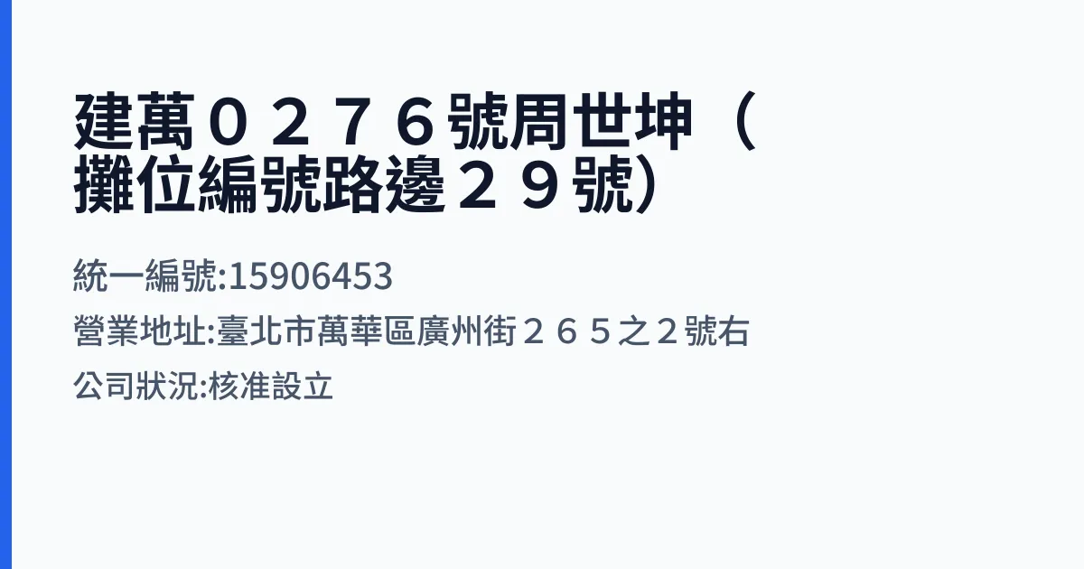 建萬０２７６號周世坤（攤位編號路邊２９號） - 統編 15906453(臺北市) 公司登記資料與營業項目詳細圖表