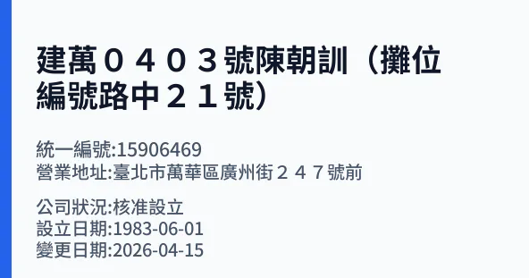 建萬０４０３號陳朝訓（攤位編號路中２１號）的照片-統編 15906469(臺北市) 公司登記資料與營業項目詳細圖表