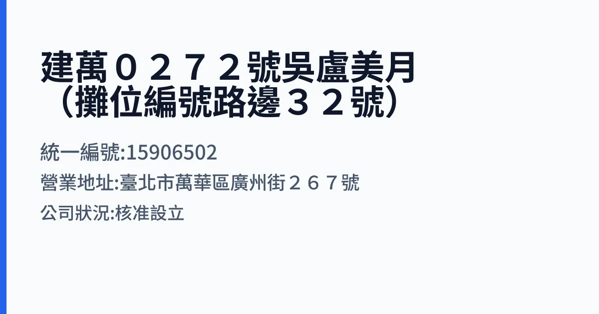 建萬0272號吳盧美月(攤位編號路邊32號) - 統編 15906502(臺北市) 公司登記資料與營業項目詳細圖表