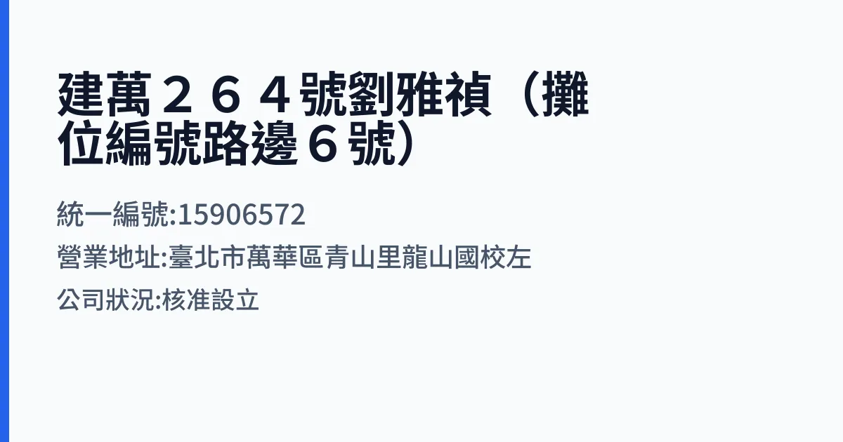 建萬２６４號劉雅禎（攤位編號路邊６號） - 統編 15906572(臺北市) 公司登記資料與營業項目詳細圖表