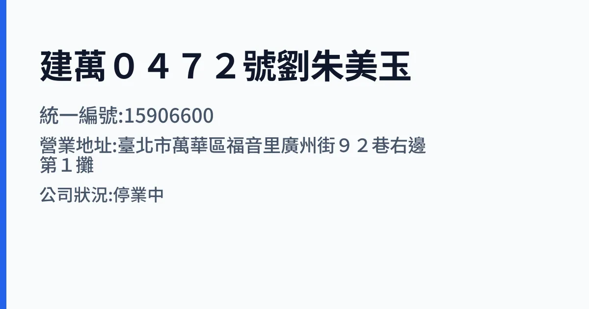 建萬0472號劉朱美玉 - 統編 15906600(臺北市) 公司登記資料與營業項目詳細圖表