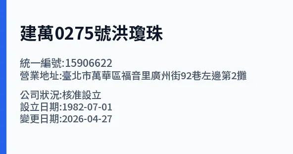 建萬0275號洪瓊珠的照片-統編 15906622(臺北市) 公司登記資料與營業項目詳細圖表