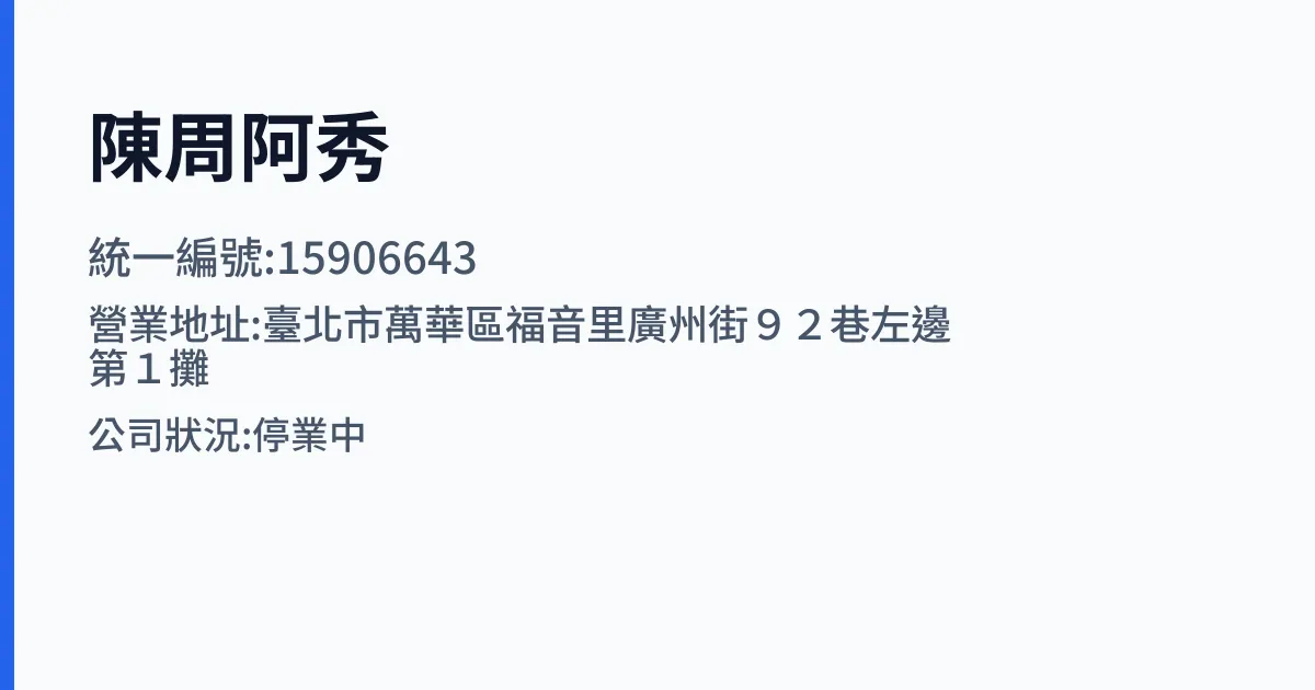 陳周阿秀 - 統編 15906643(臺北市) 公司登記資料與營業項目詳細圖表