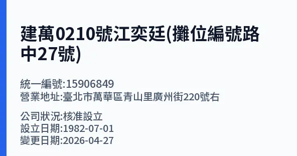 建萬0210號江奕廷(攤位編號路中27號)的照片-統編 15906849(臺北市) 公司登記資料與營業項目詳細圖表