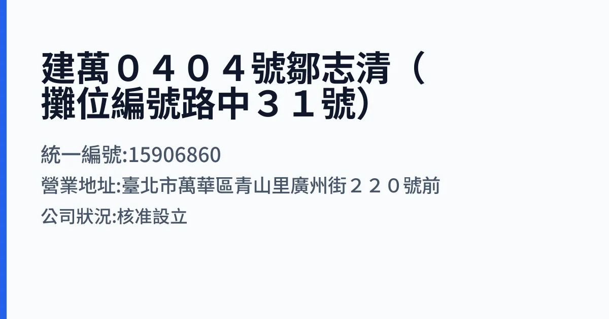 建萬０４０４號鄒志清（攤位編號路中３１號） - 統編 15906860(臺北市) 公司登記資料與營業項目詳細圖表