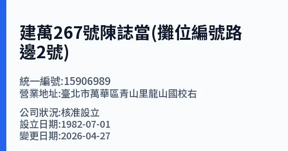 建萬267號陳誌當(攤位編號路邊2號)的照片-統編 15906989(臺北市) 公司登記資料與營業項目詳細圖表