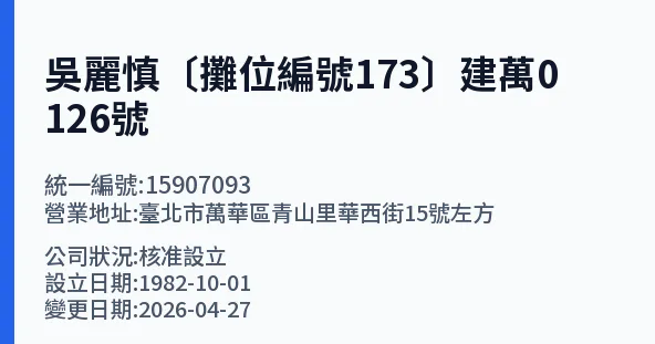 吳麗慎〔攤位編號173〕建萬0126號的照片-統編 15907093(臺北市) 公司登記資料與營業項目詳細圖表