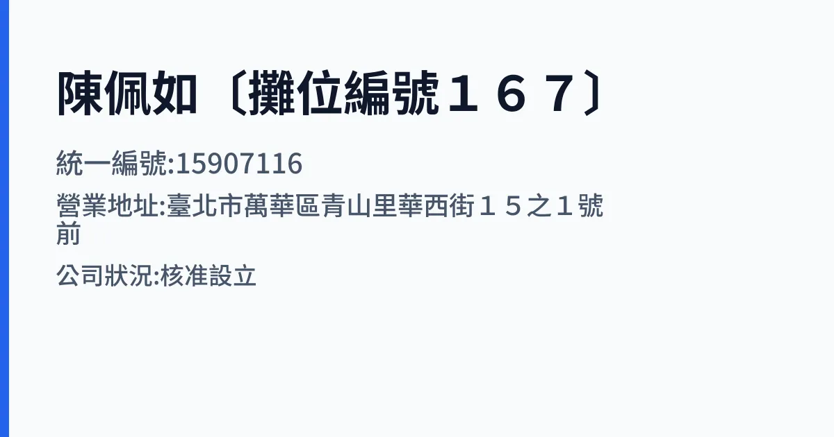 陳佩如〔攤位編號１６７〕 - 統編 15907116(臺北市) 公司登記資料與營業項目詳細圖表