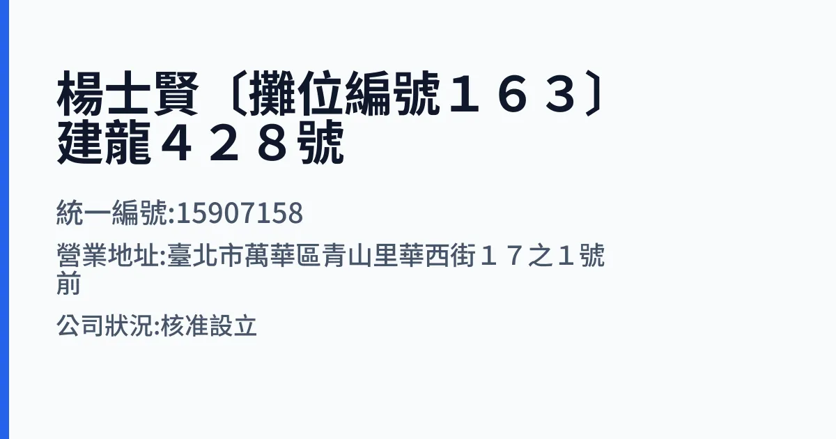 楊士賢〔攤位編號163〕建龍428號 - 統編 15907158(臺北市) 公司登記資料與營業項目詳細圖表