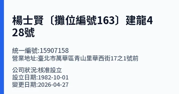 楊士賢〔攤位編號163〕建龍428號的照片-統編 15907158(臺北市) 公司登記資料與營業項目詳細圖表