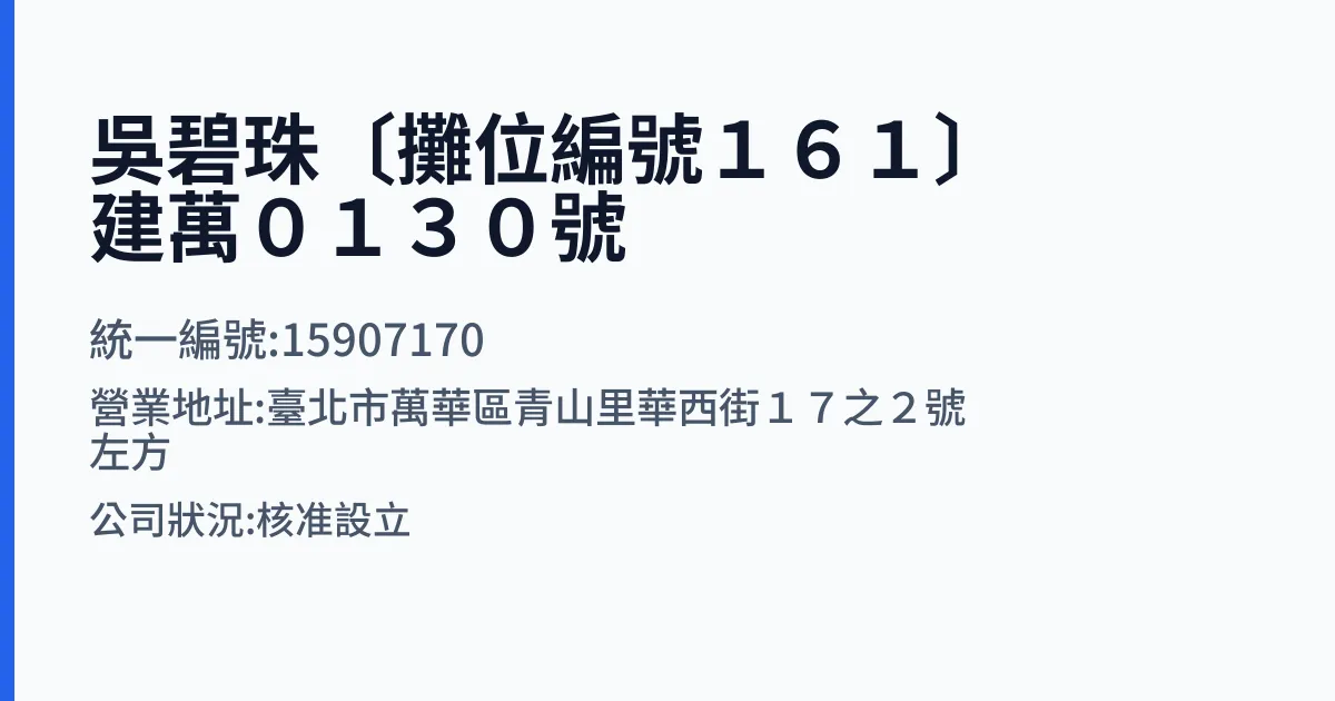 吳碧珠〔攤位編號１６１〕建萬０１３０號 - 統編 15907170(臺北市) 公司登記資料與營業項目詳細圖表