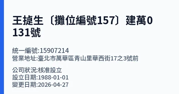 王㨗生〔攤位編號157〕建萬0131號的照片-統編 15907214(臺北市) 公司登記資料與營業項目詳細圖表
