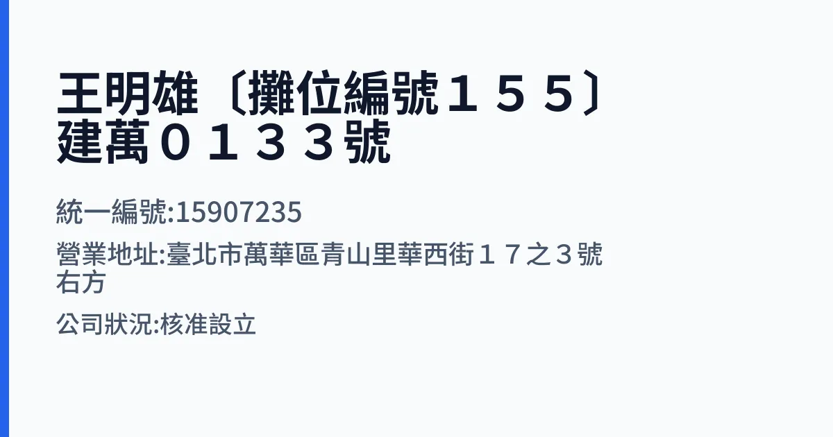 王明雄〔攤位編號１５５〕建萬０１３３號 - 統編 15907235(臺北市) 公司登記資料與營業項目詳細圖表