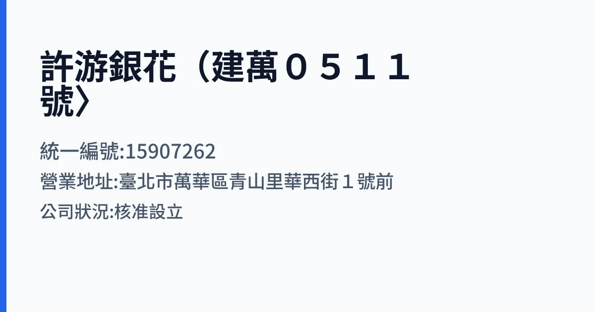 許游銀花(建萬0511號〉 - 統編 15907262(臺北市) 公司登記資料與營業項目詳細圖表