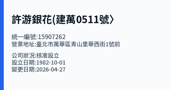 許游銀花(建萬0511號〉的照片-統編 15907262(臺北市) 公司登記資料與營業項目詳細圖表