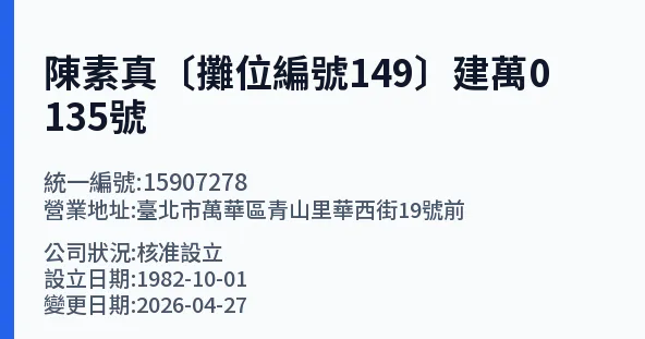 陳素真〔攤位編號149〕建萬0135號的照片-統編 15907278(臺北市) 公司登記資料與營業項目詳細圖表